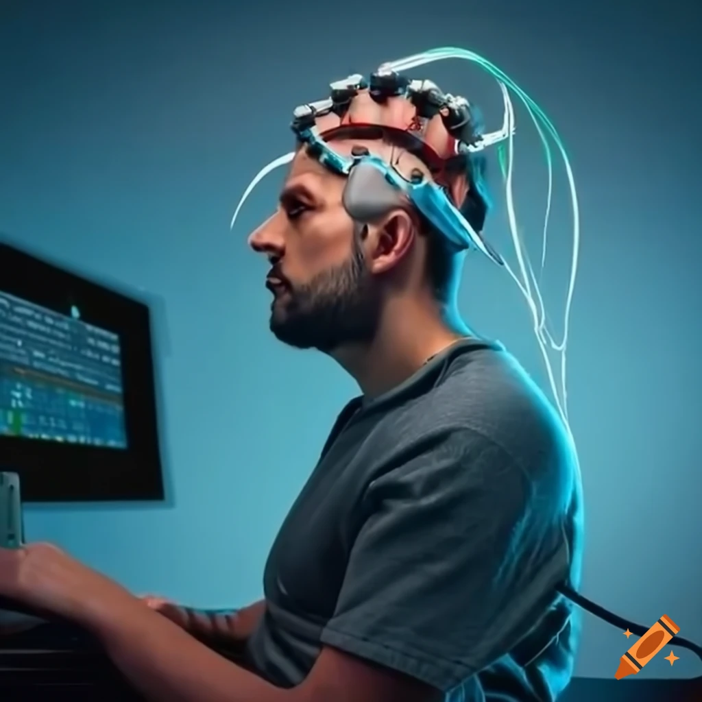 Man with eeg electrodes using computer at a desk on Craiyon