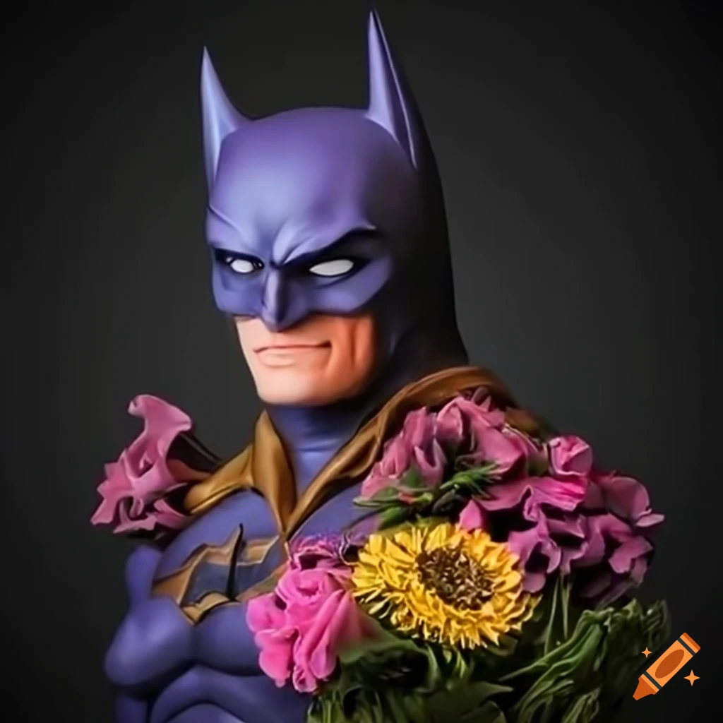 Batman statue made of ham surrounded by flowers on Craiyon