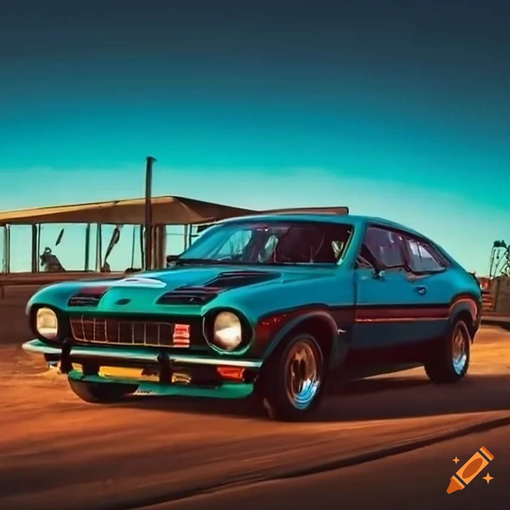 1976 Ford Maverick with racing modifications on a speedway track on Craiyon
