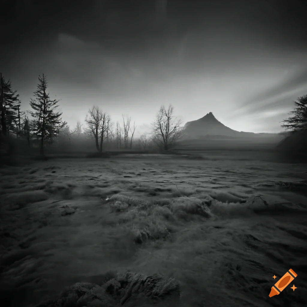 Hauntingly beautiful desolate landscape in black and white on Craiyon