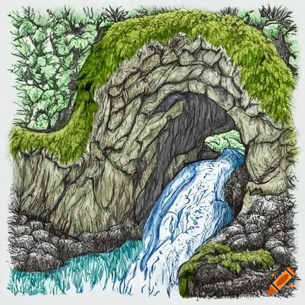 Mossy cave with flowing stream on Craiyon