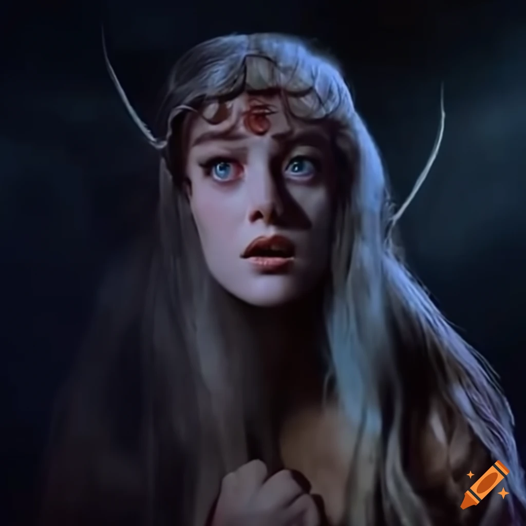 Surreal scene from a 1970's fantasy movie featuring an ethereal elf on ...