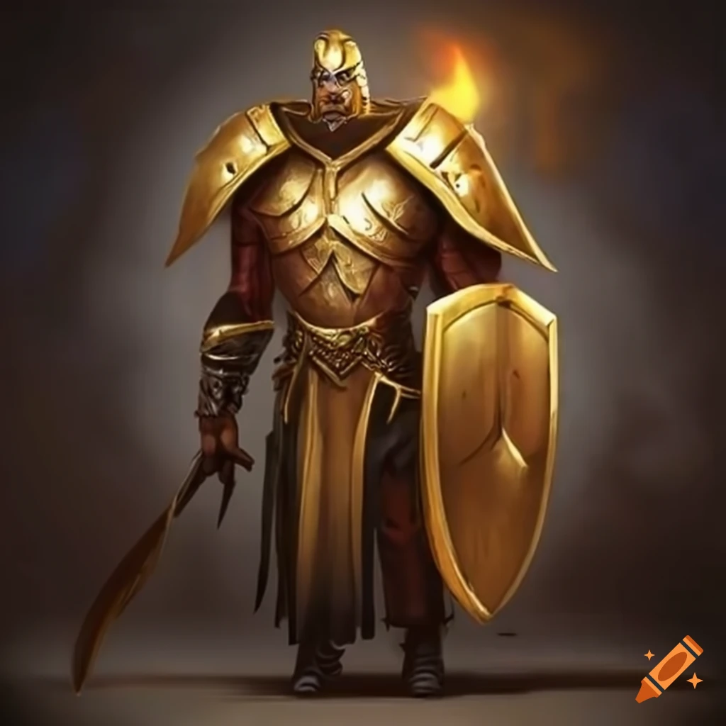 Mythical warrior standing valiantly with a gleaming golden shield on ...