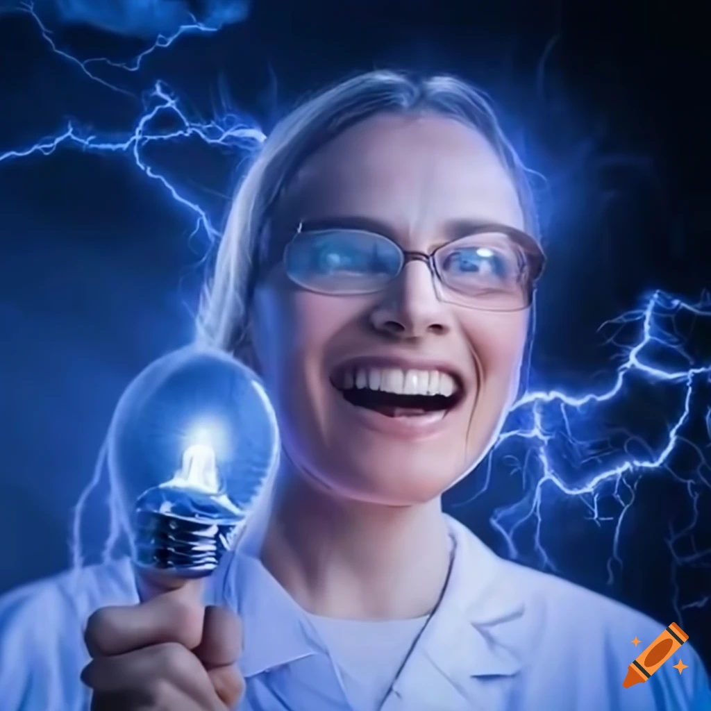 Confident engineer in lab coat holding a glowing light bulb under ...