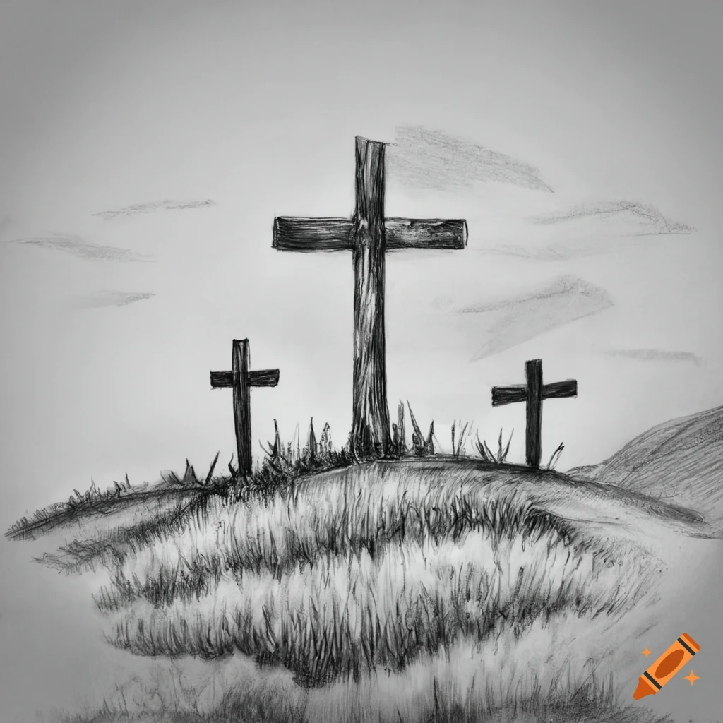 Three crosses on a hill with an open tomb in a black and white pencil ...