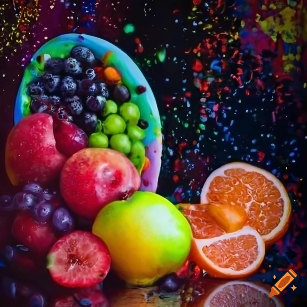 Colorful dripping fruits in front of rainbow-splattered background on ...