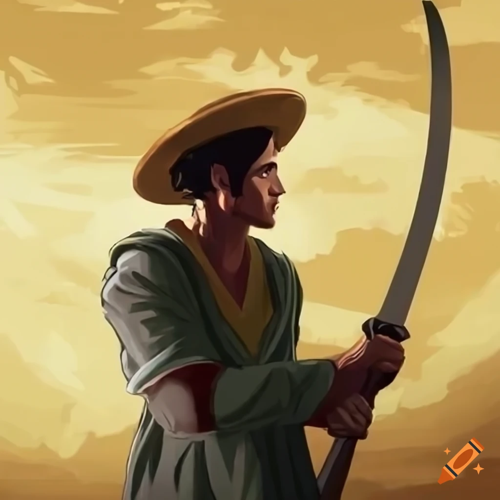 Young man farmer holding a sword on Craiyon