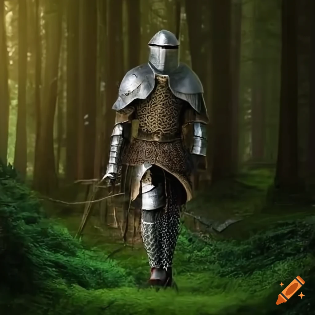 Knight in chainmail walking through a forest trail on Craiyon