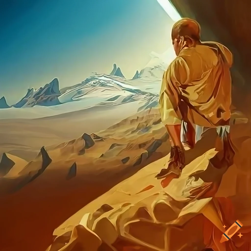 Explorer with a map in a crystal desert landscape on Craiyon