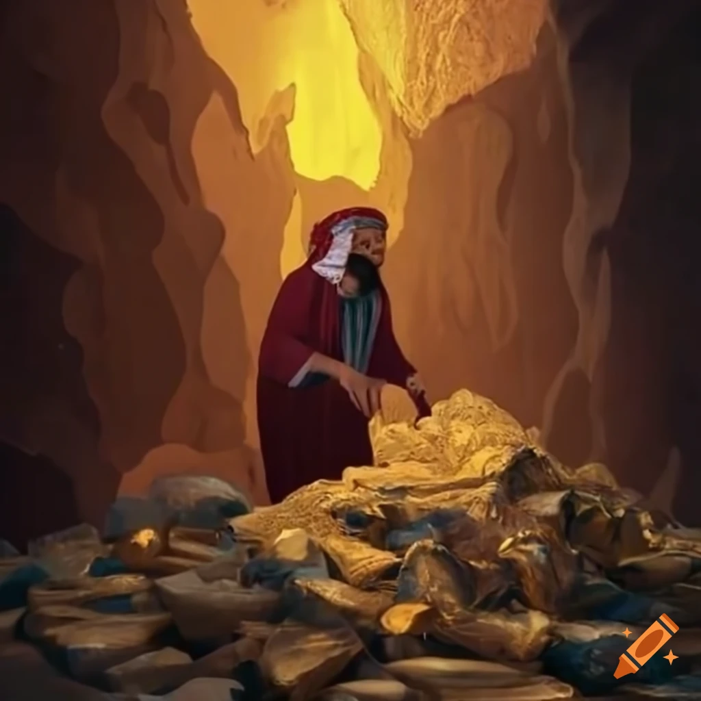 Arabian merchant playing in a pile of gold in a desert cave on Craiyon