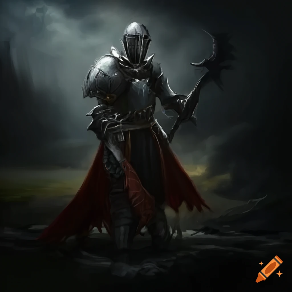 Fantasy knight standing by a stream on Craiyon