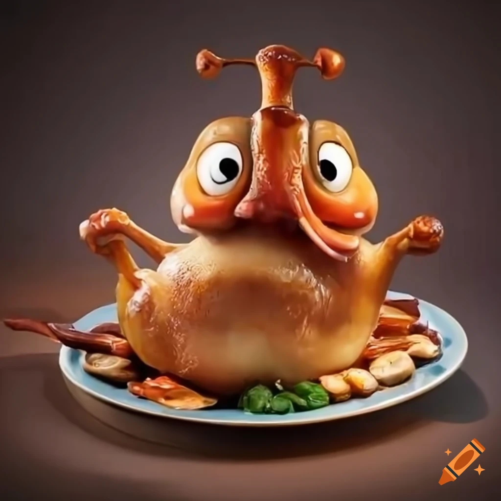 Display of roasted ducks with cartoon character duck in a Chinese ...