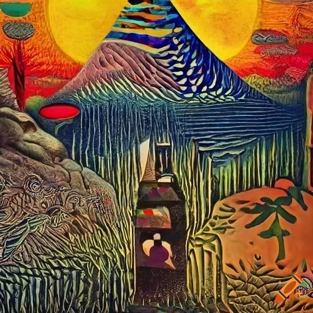 Acid mountain landscape with hawks in a surrealistic, science fiction ...