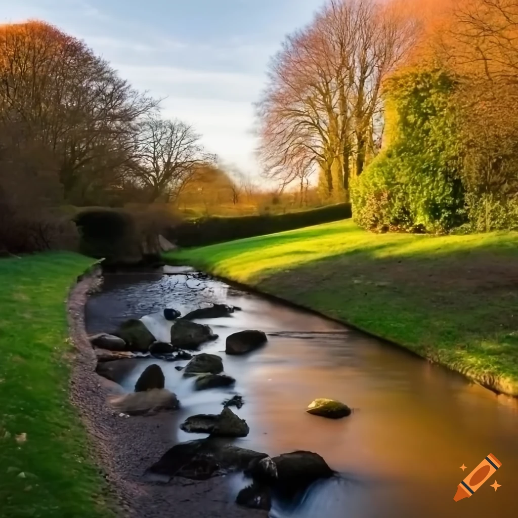 Knighton park gardens in Leicester, England with a stream at sunset on ...
