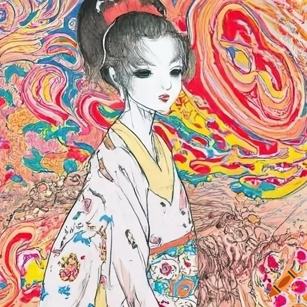 Manga ink sketch of an adorable Japanese woman with colorful ...