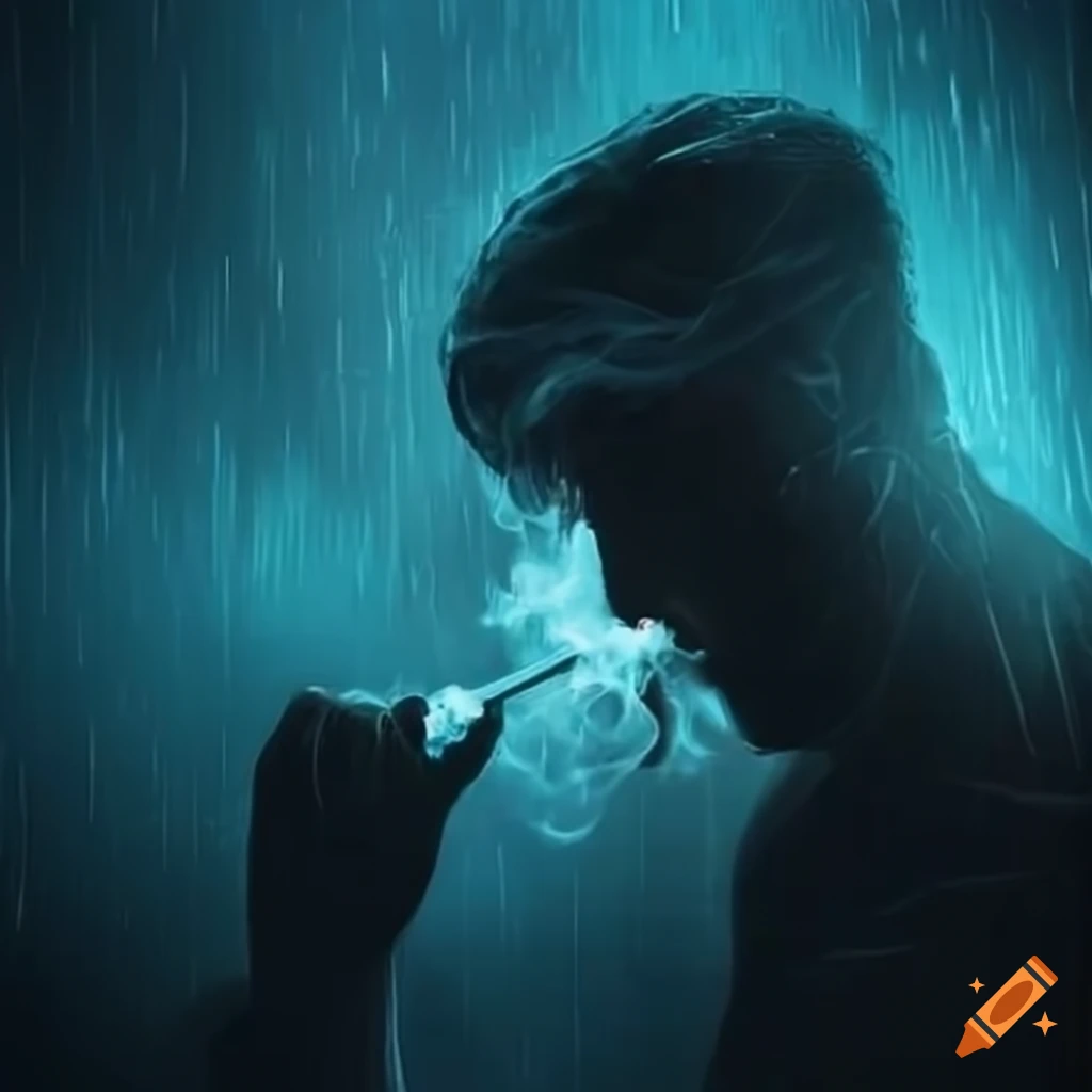 Man smoking in the rain on Craiyon