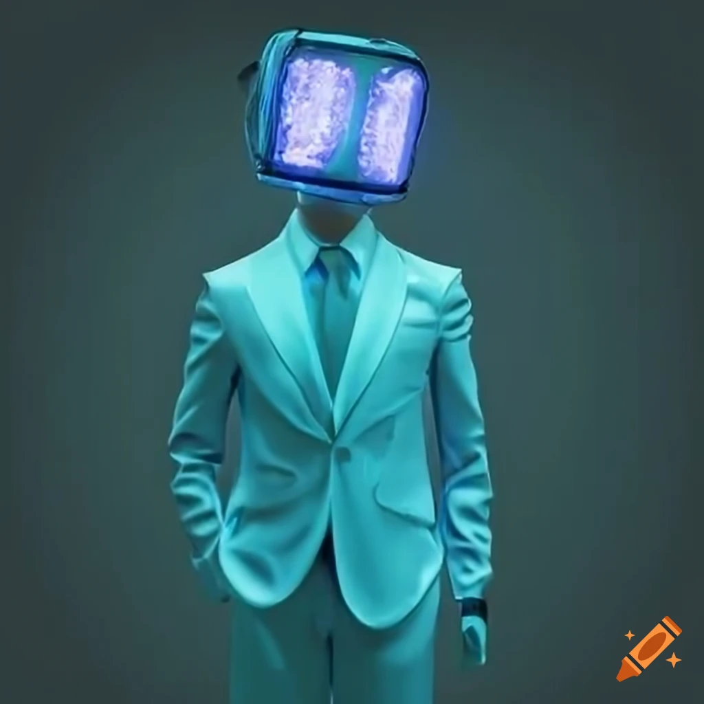 Enigmatic figure in tiffany blue suit with a television head surrounded ...