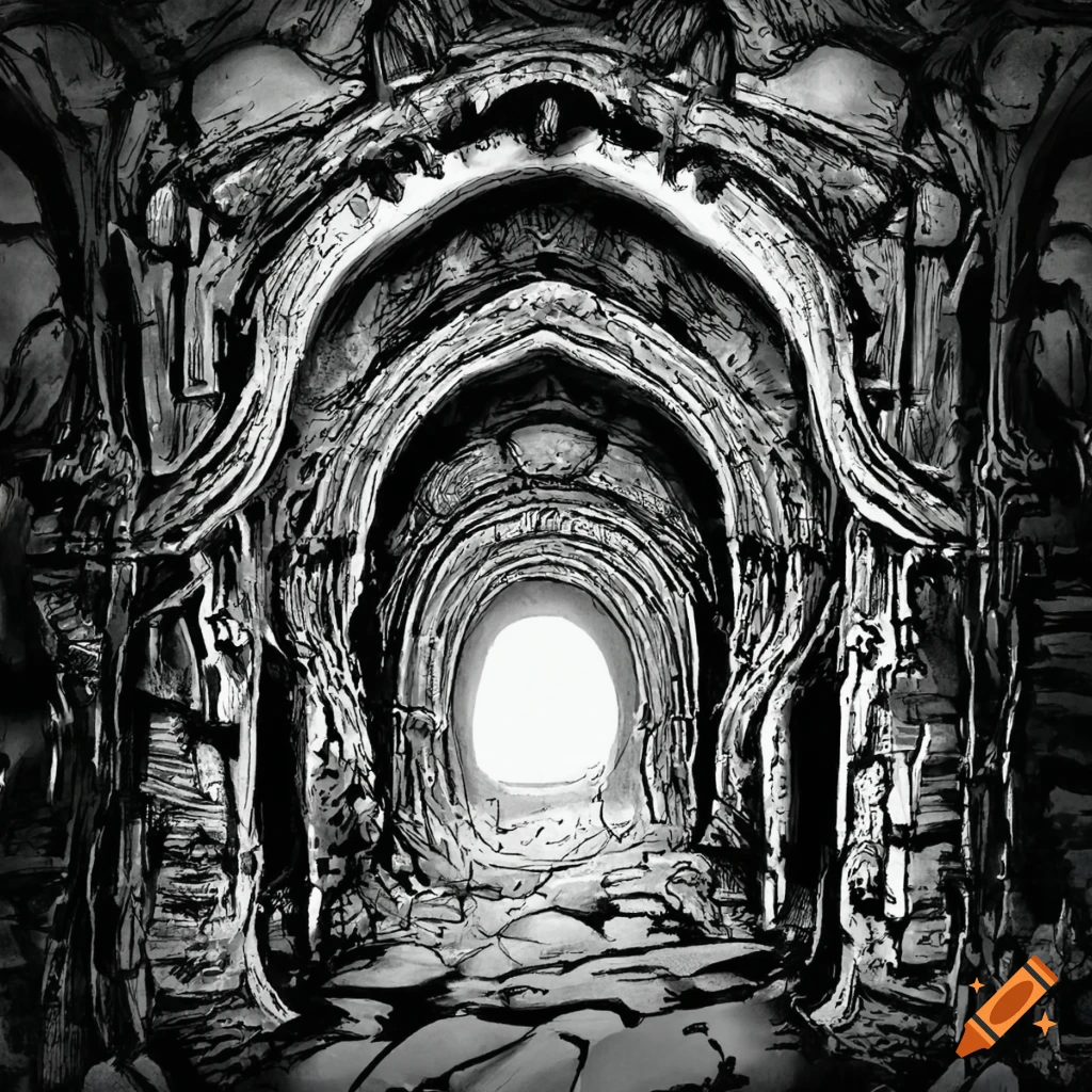 Black and white cursed evil dungeon archway on Craiyon