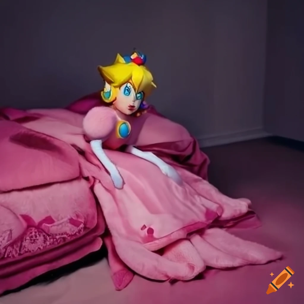 Princess peach plush sitting on bed at night on Craiyon