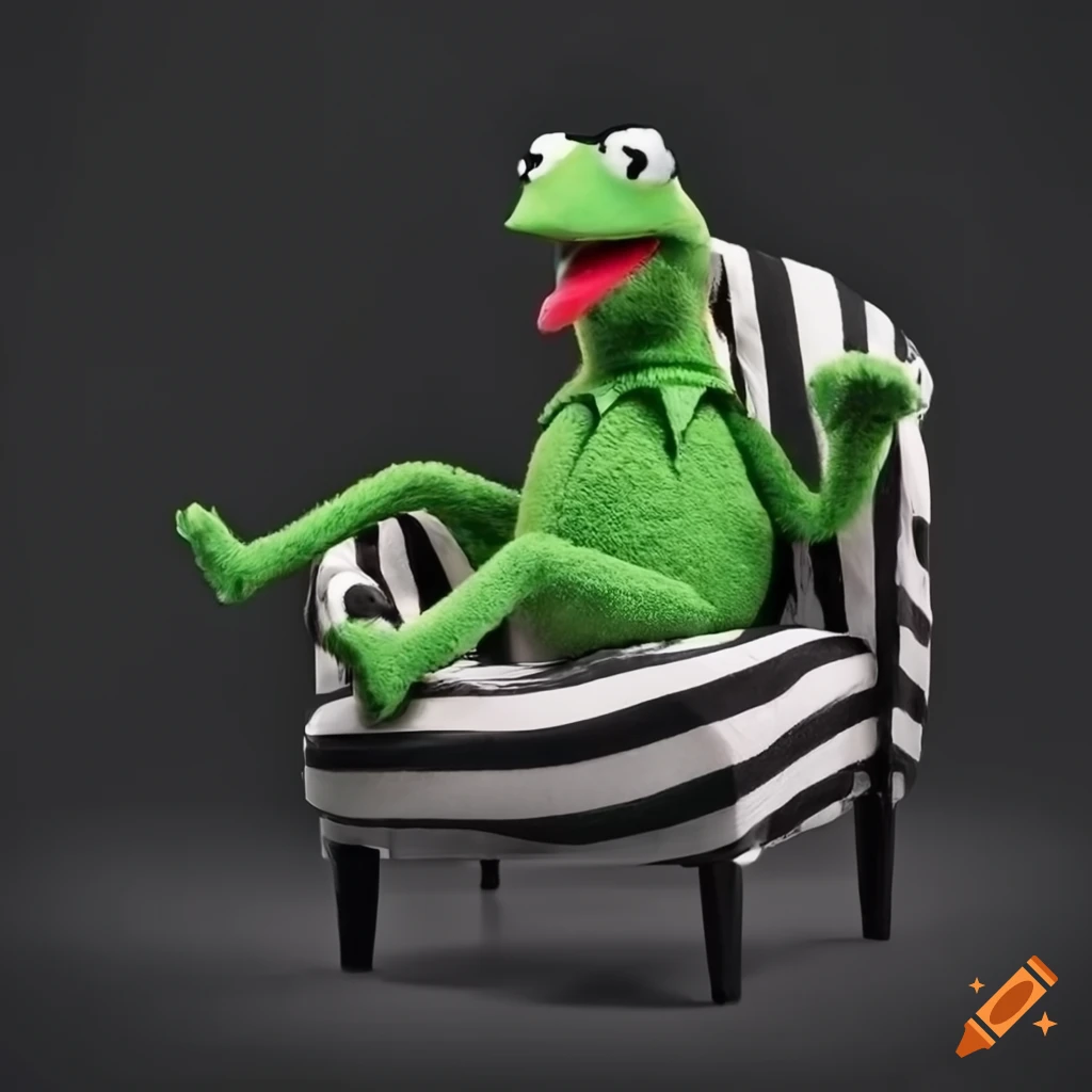Kermit sitting on a black and white striped armchair on Craiyon