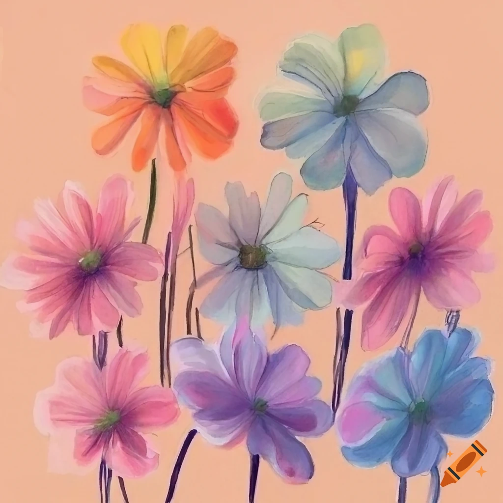 Many flowers in pastel colors in a drawing on Craiyon