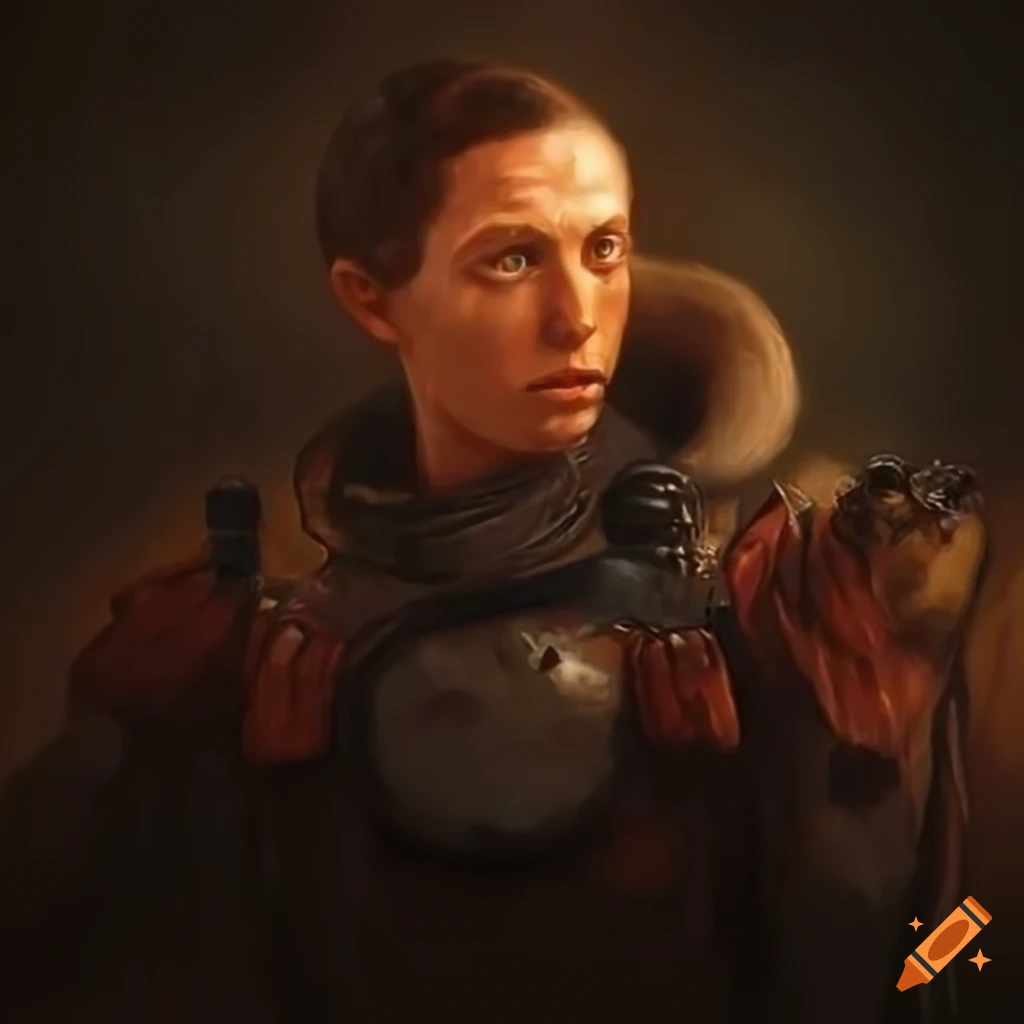 Spaceship pilot in a dynamic pose depicted in a ciaroscuro oil painting ...