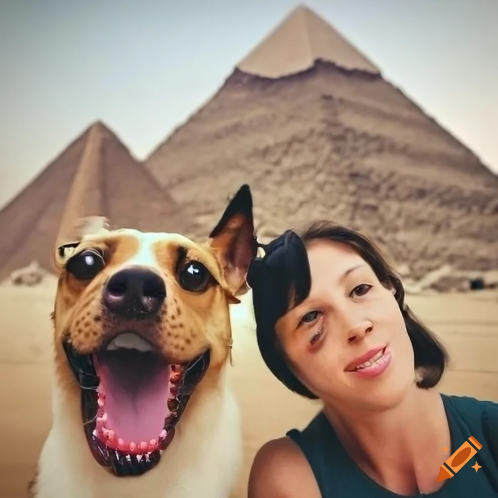 Smiling dogs taking selfies by Egyptian pyramids on Craiyon