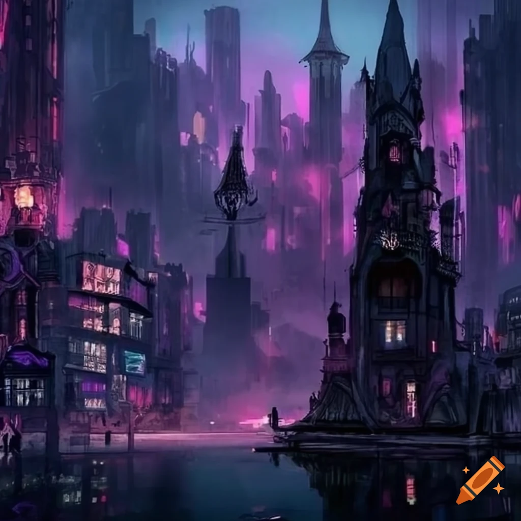 Witchy gothic cyberpunk city with massive Alice in Wonderland ...