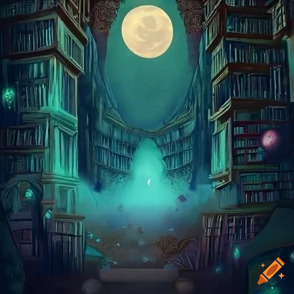 Lo-fi library in a magical forest with ancient tomes under moonlight on ...