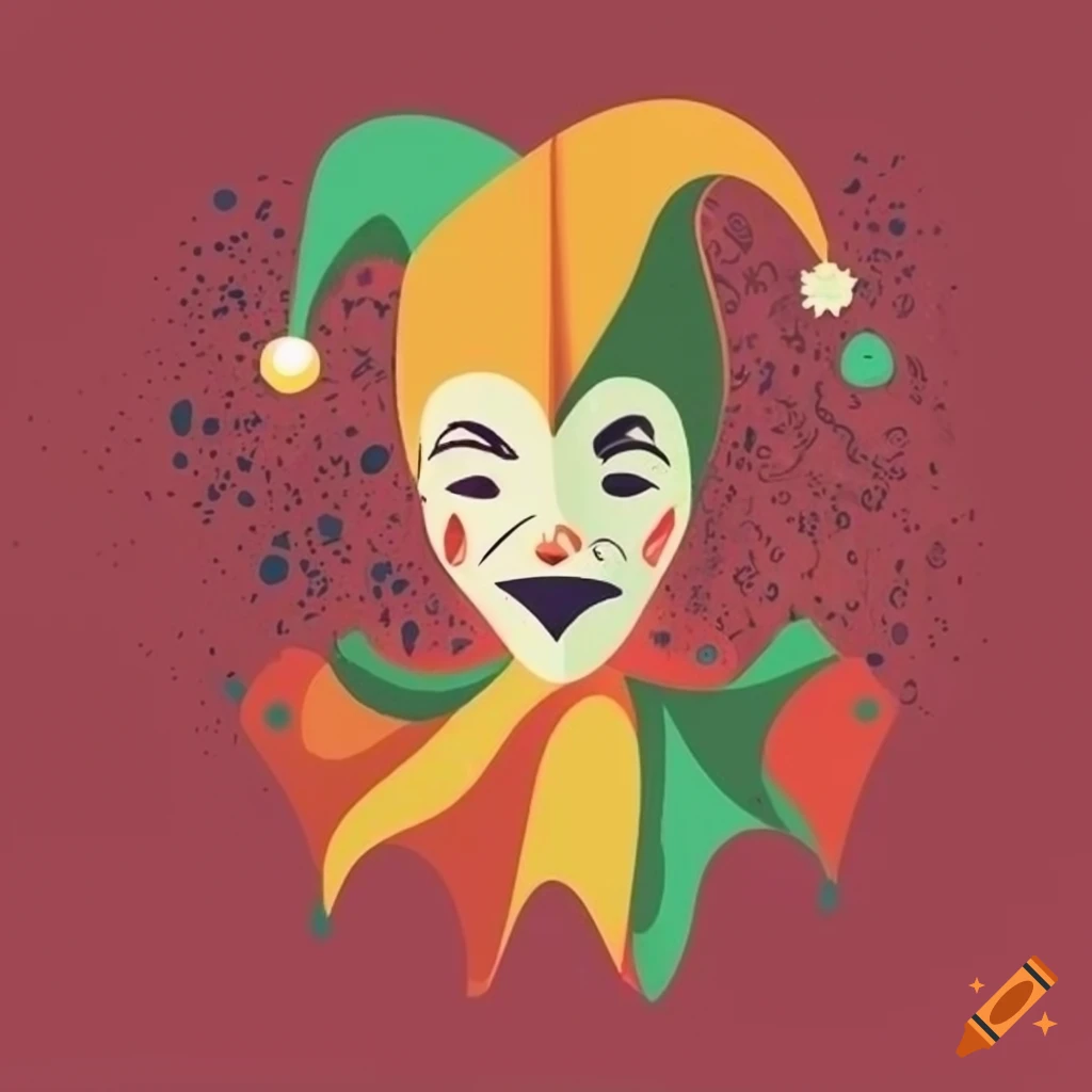 Retro minimalistic illustration of a jester archetype with bright clean ...