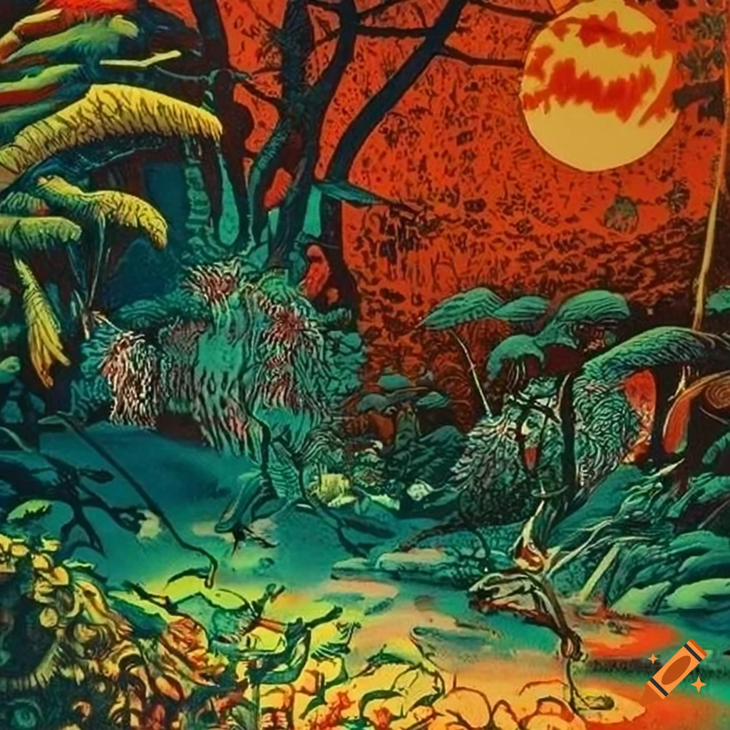 William Stout serigraph of dusk in The Garden of Eden with demons and ...