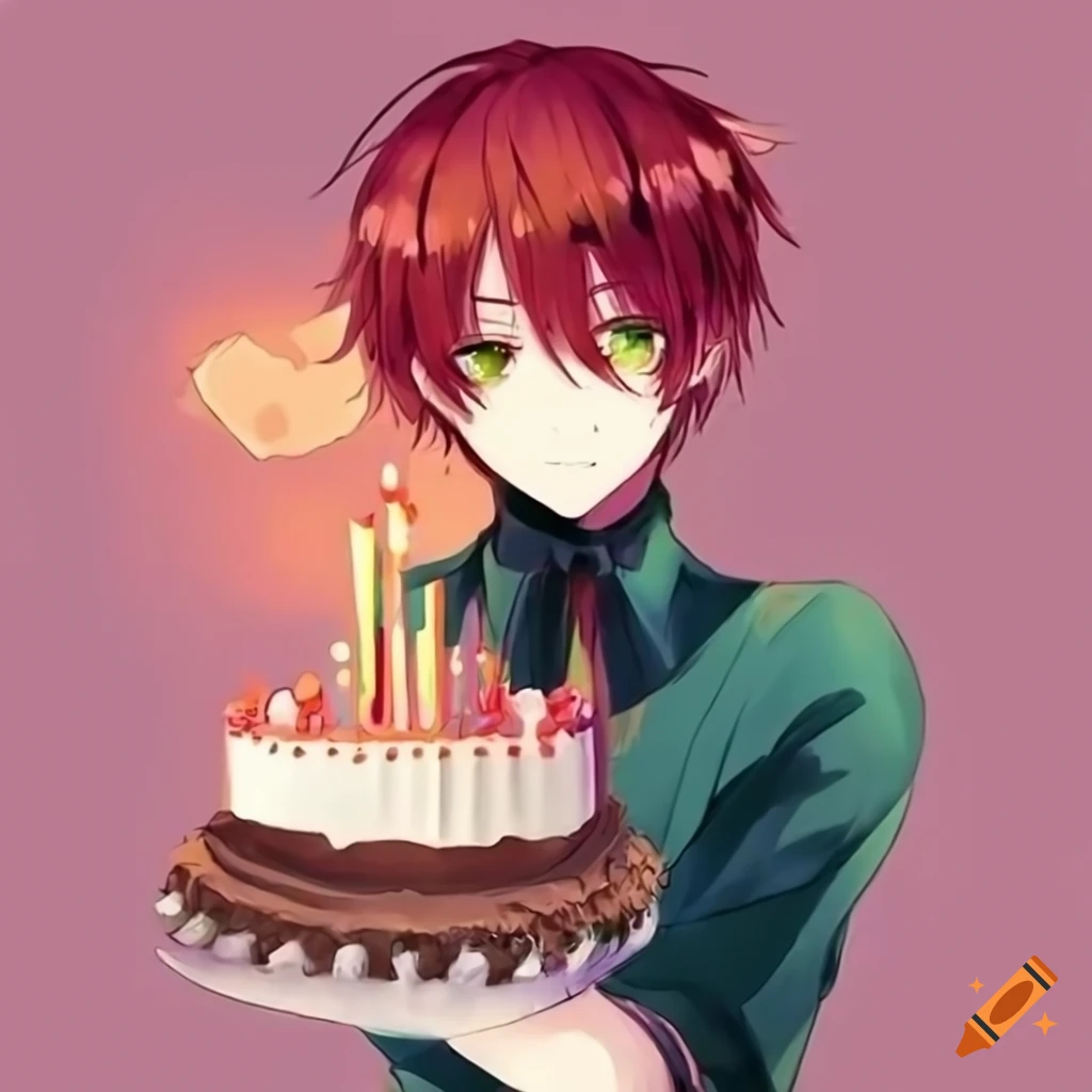 Anime boy with green eyes and red hair holding a happy birthday cake on ...
