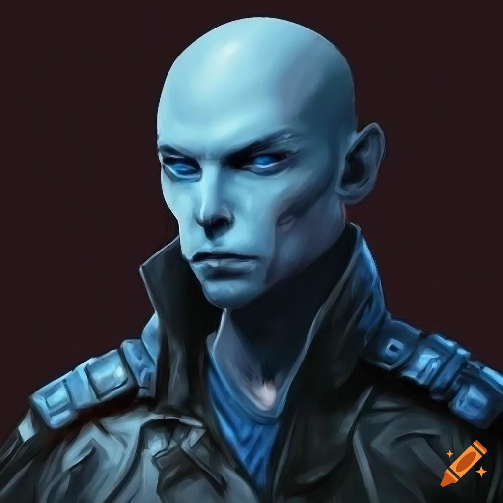Sci-fi fantasy race with blue skin and thin eyes in a black jacket on ...