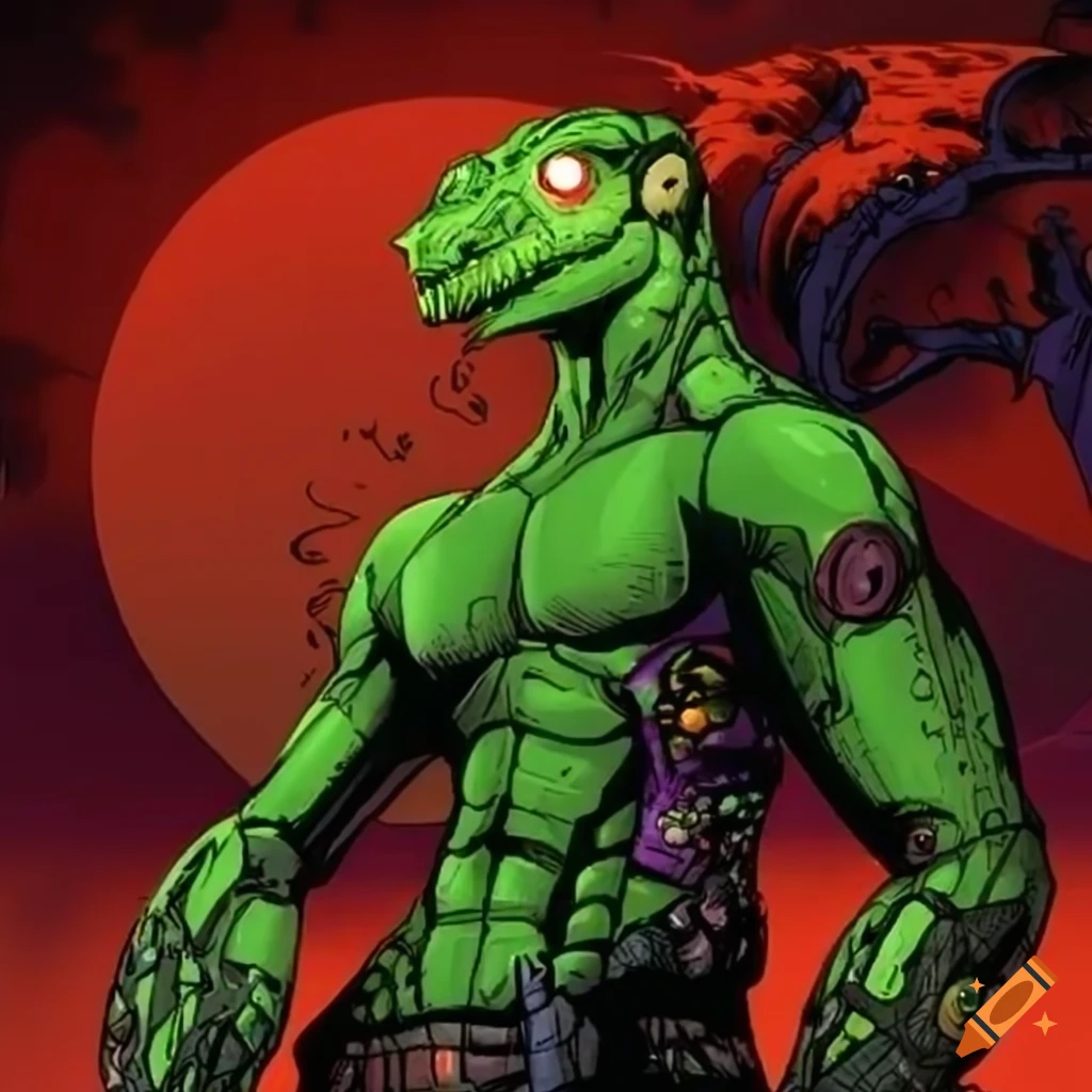 Lizard and cyborg crossover in an eerie comic book style on Craiyon