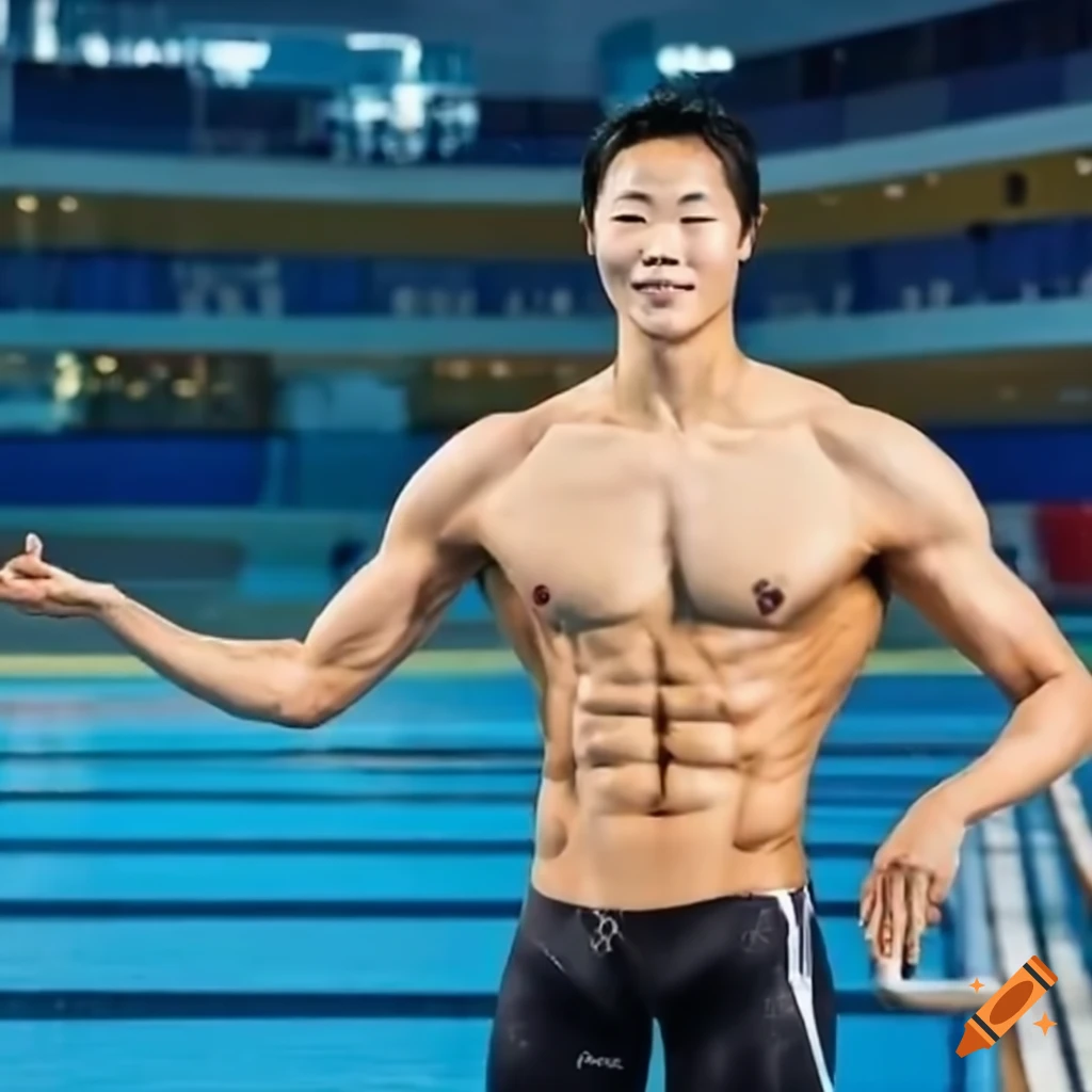 Asian olympic gold medalist swimmer showcasing muscles in competition ...