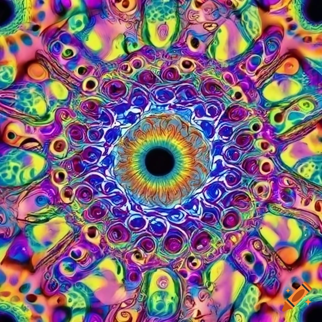 Psychedelic rave pattern with spirals, rainbows, and eyeballs on Craiyon