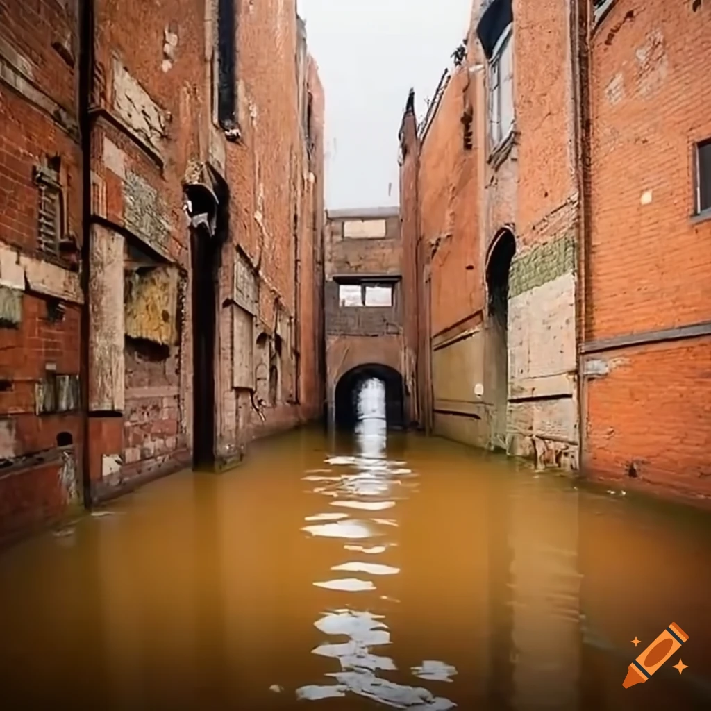 Close-up of flooded brick doorway with sinking buildings in ocean ...