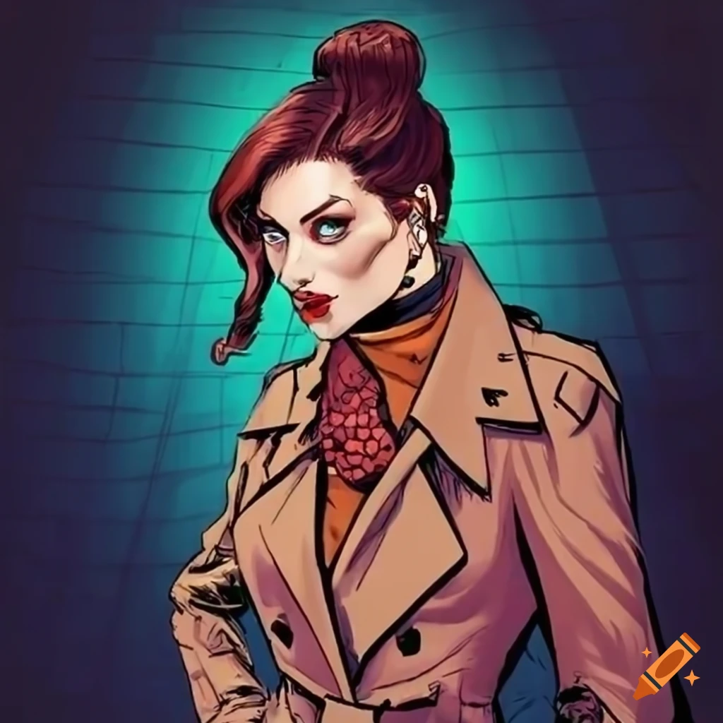 Woman in a trench coat with a comic-book style on Craiyon