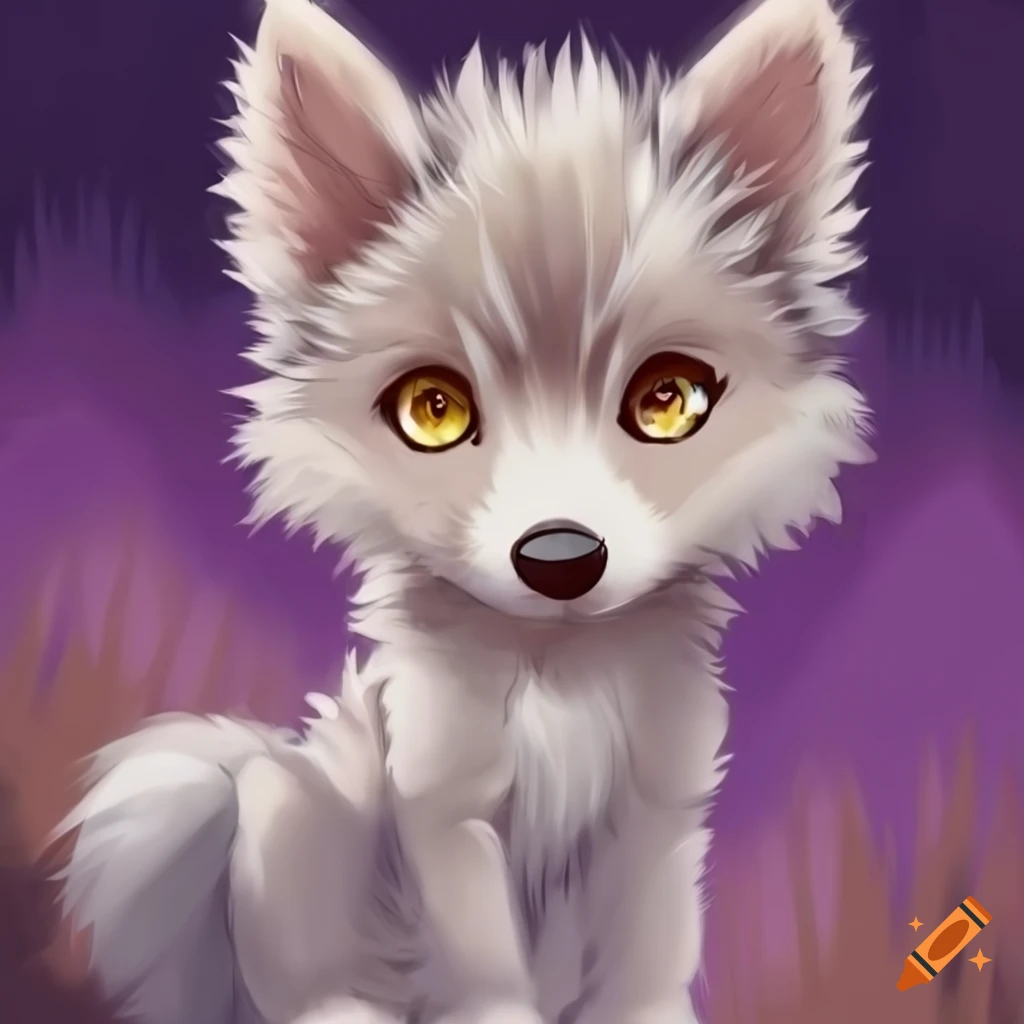 Baby wolf pup with silver fur and yellow eyes in anime style on Craiyon