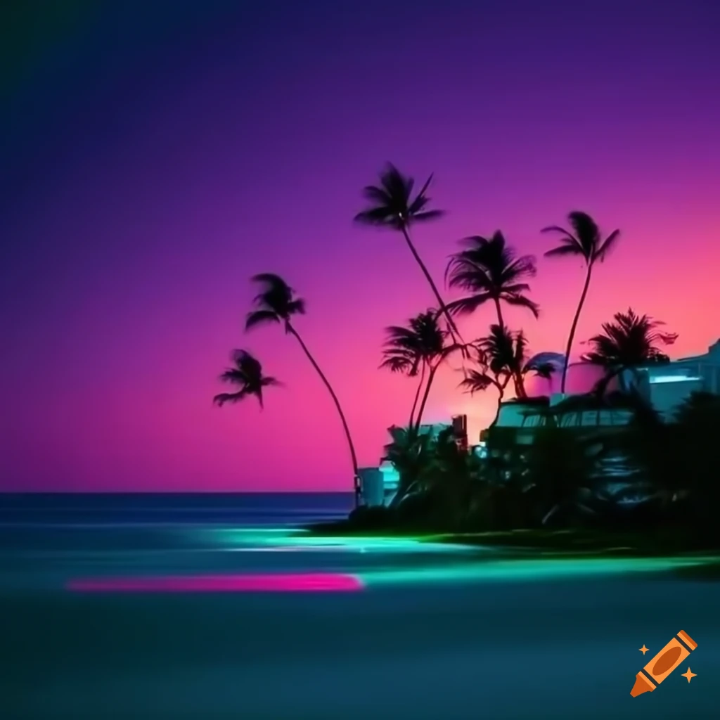 Night scene at miami beach with retro 80s colors on Craiyon