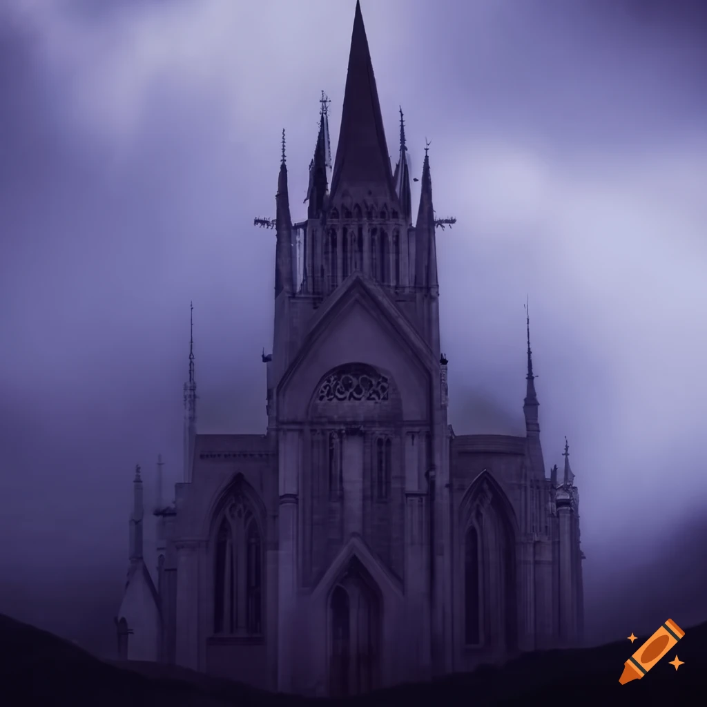 Gothic church on a stormy hill with bleak colors in symmetrical ...
