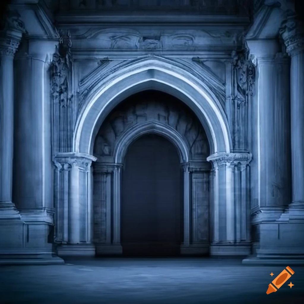 Modern palace arch entry with dark lighting against a mysterious blue ...
