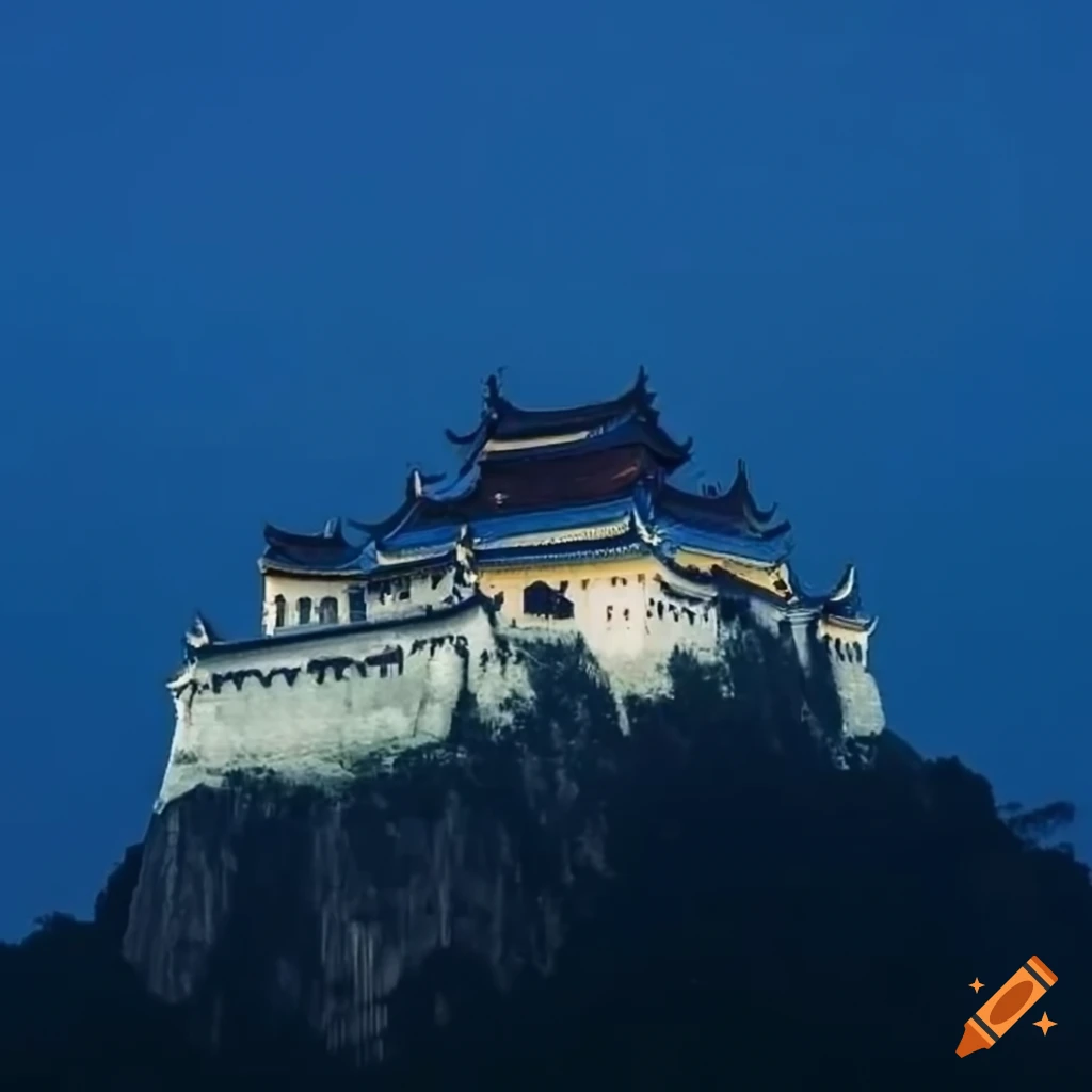 Chinese castle on mountain top viewed from below at night in blue tones ...