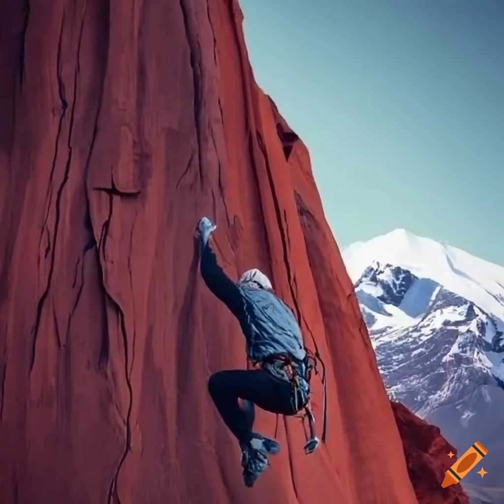 Rock climber dangling from a line below a red rock face with snow ...