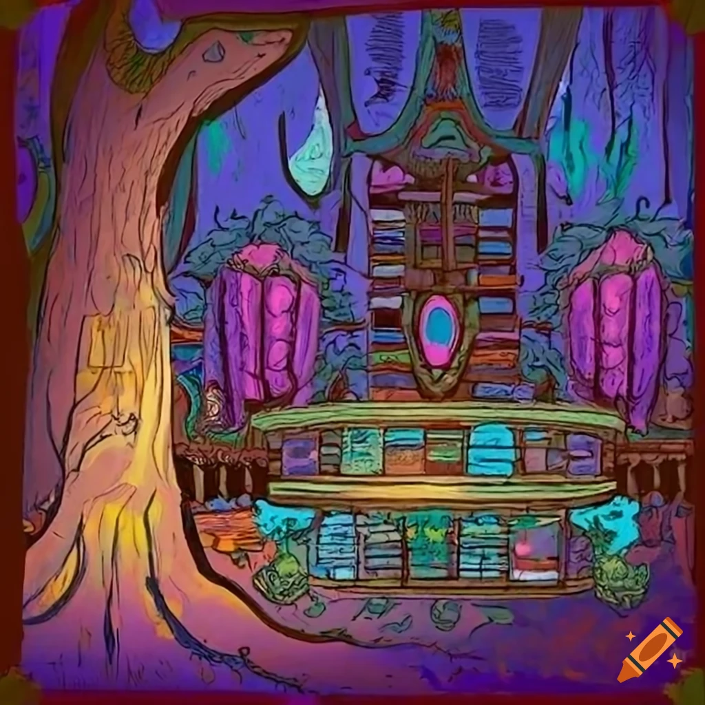 Lo-fi library in a magical forest with ancient tomes under moonlight on ...