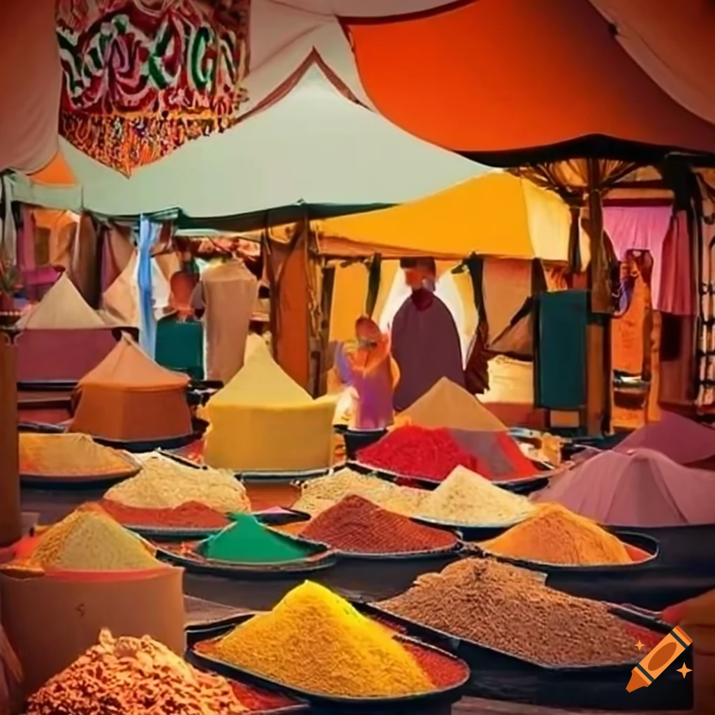 Vibrant Arabic marketplace with spice vendors and tents on Craiyon