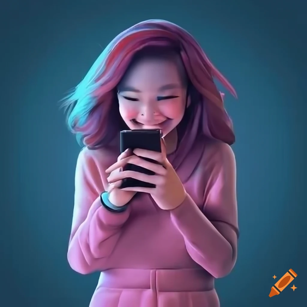 Happy person scrolling on phone in a digital art style on Craiyon