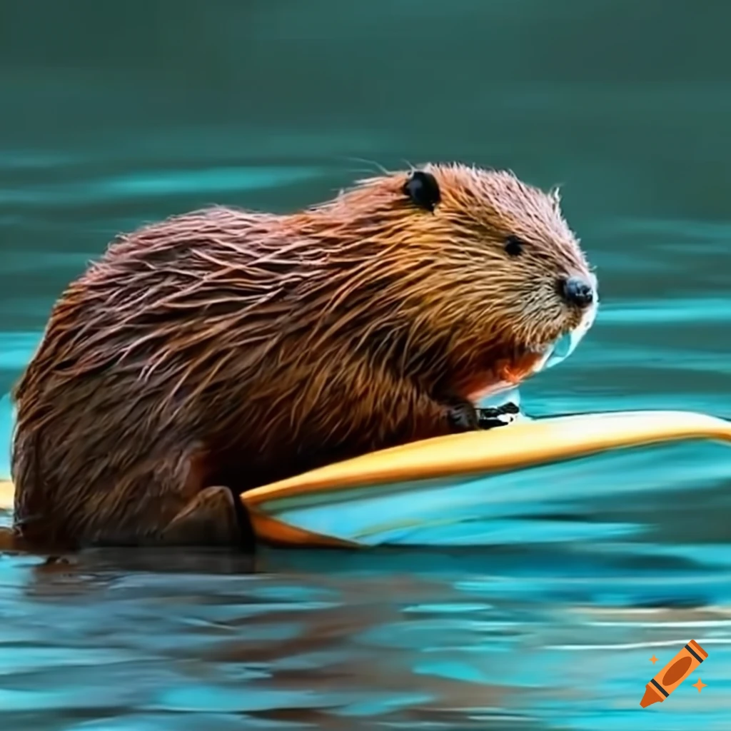 Beaver surfing on large rollers on Craiyon