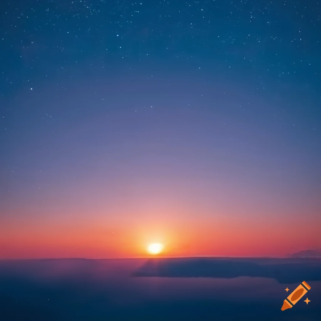 Panoramic sky above the clouds with mountains, morning sun, and fading ...