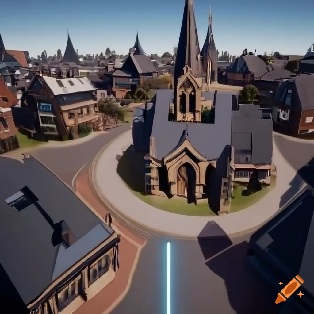 Aerial view of a sci-fi Australian town square with buildings and ...